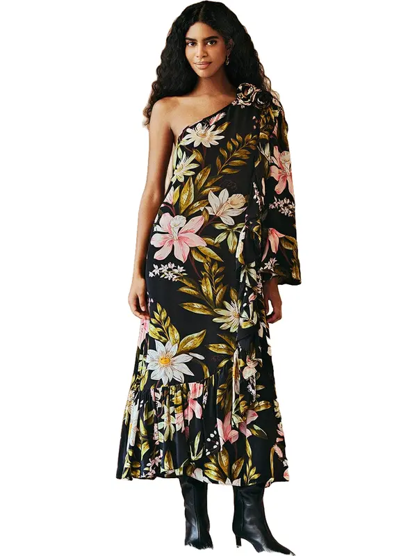 Farm Rio Surreal Flowers One-shoulder Maxi Dress - Surreal Flowers Black