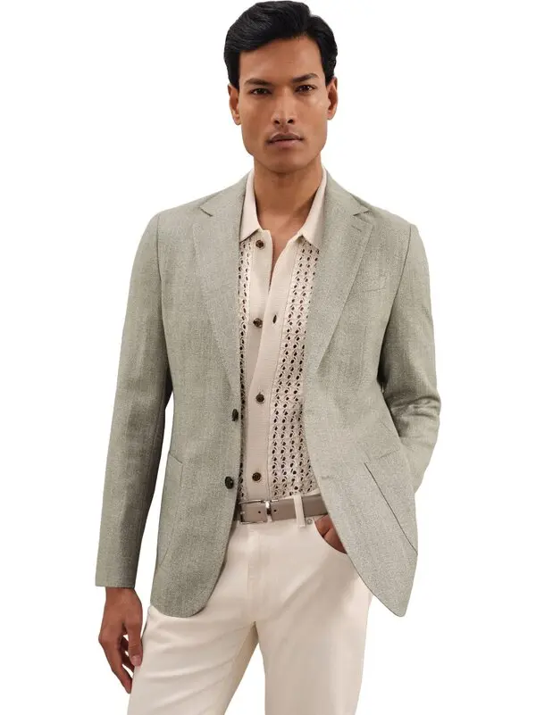 REISS Stack Slim-fit Single-breasted Wool-blend Textured Blazer - Sage Green