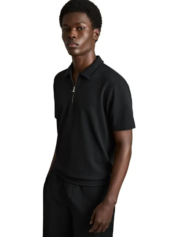 REISS Albany Textured Half-zip Polo Shirt - Black