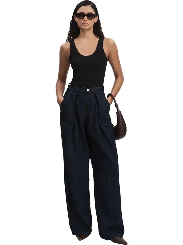 Good American Wide-leg Pleated Jeans - Dark Blue