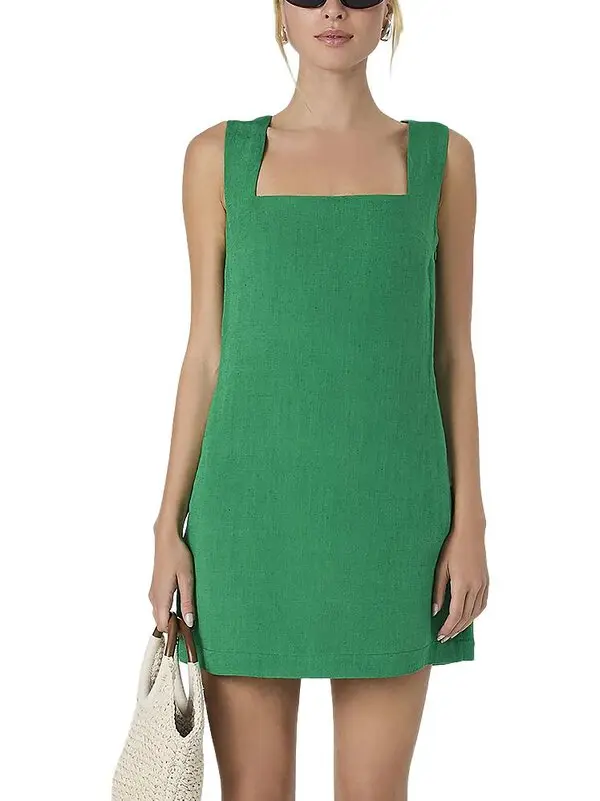 French Connection Birdie Linen Blend Square Neck Mini Dress - Green Tambourine
