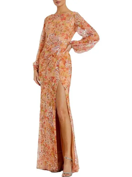 Mac Duggal Floral Print Sequin Gown - Apricot
