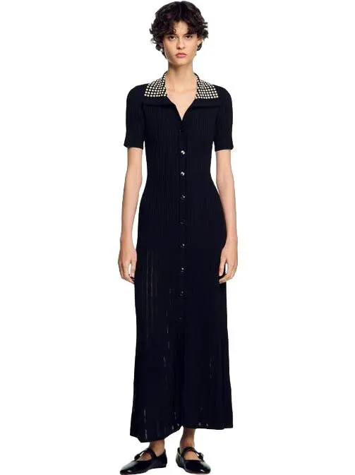 Sandro Knit Maxi Dress With Studded Sailor Neck - Black