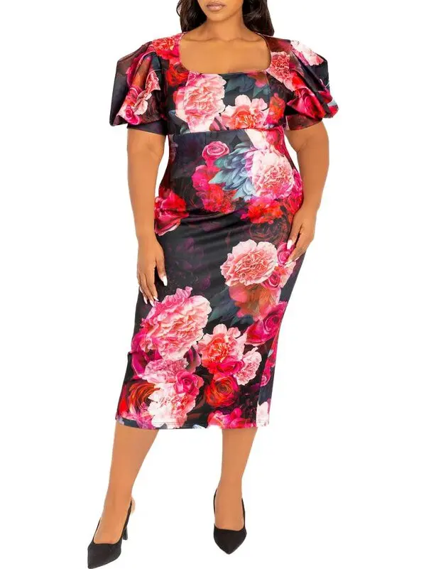 BUXOM COUTURE Floral Scuba Knit Midi Dress - Black Multi