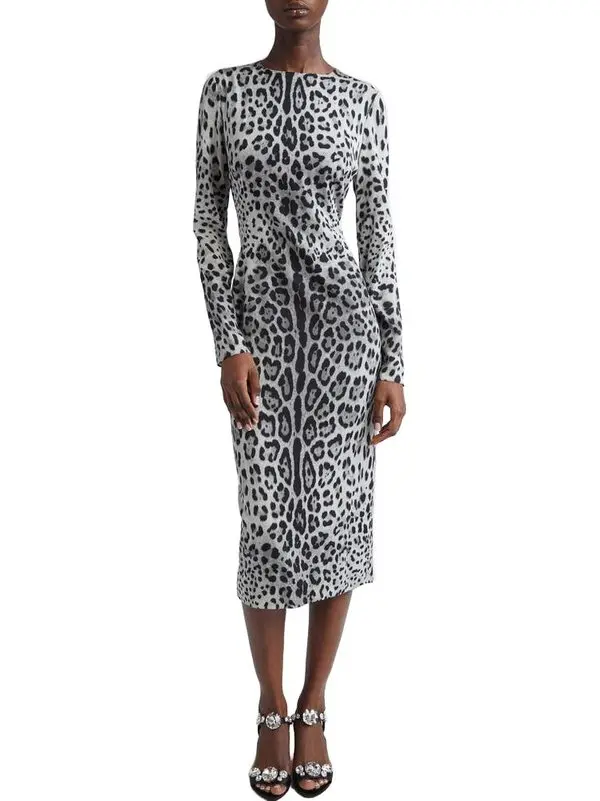 Dolce & Gabbana Leopard Print Charmeuse Sheath Dress - Hi13n Leo Nero Fdo Grigio