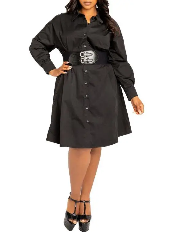 BUXOM COUTURE Cinch Waist Cotton Blend Shirtdress - Black