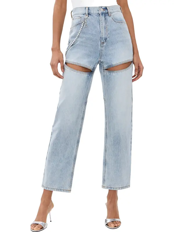 AREA Slit Straight Leg Jeans - Light Blue
