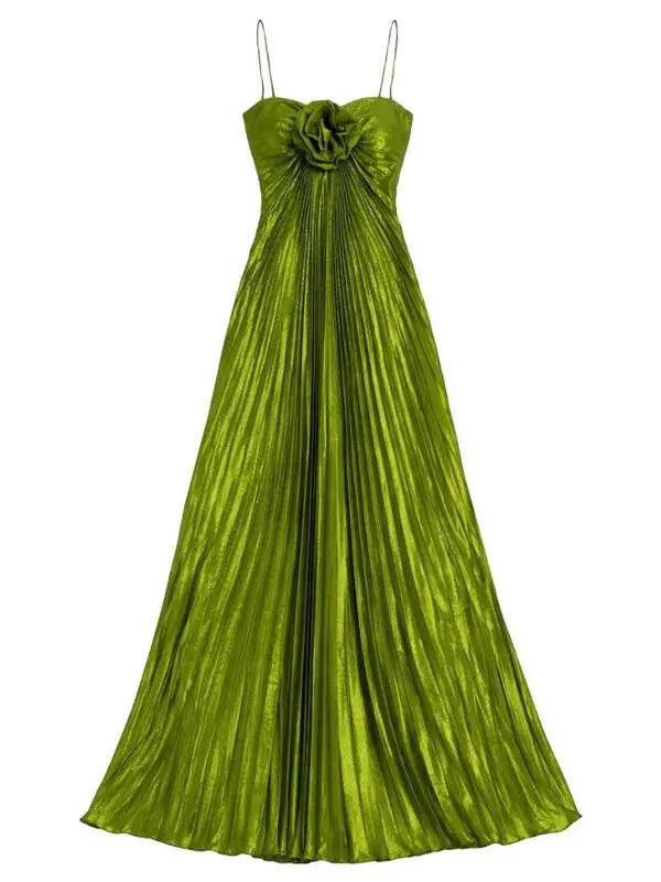 Mac Duggal Thin Strap Pleated Metallic Gown With 3d Flower - Apple Green