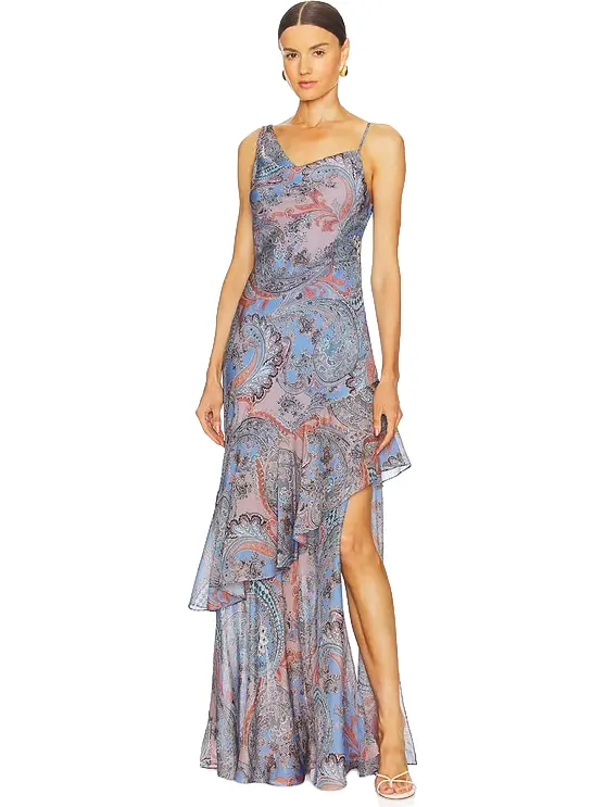 L'Agence Viola Asymmetrical Cowl Neck Gown - Periwinkle Multi French Paisley