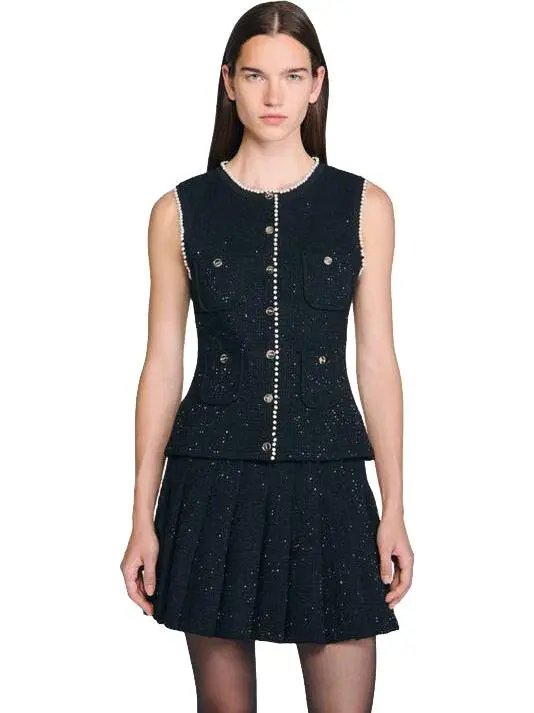 Sandro Tweed Waistcoat With Pearl Buttons - Black