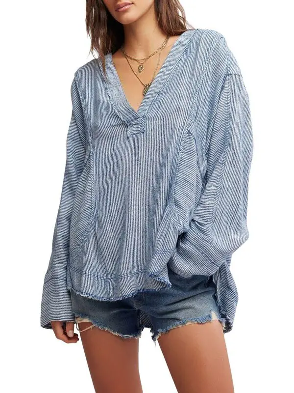 Free People By The Shore Oversize Top - Indigo Stripe Combo