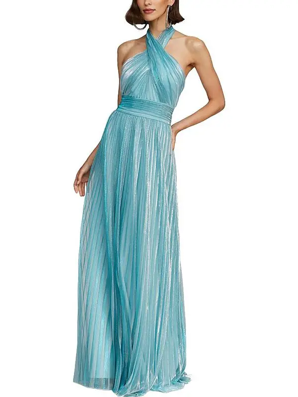 Halston Leilani Pleated Gown - Aqua