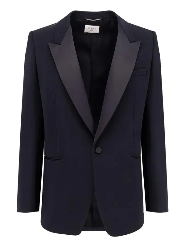 Saint Laurent Certified Wool Blazer With Satin Lapel - Black