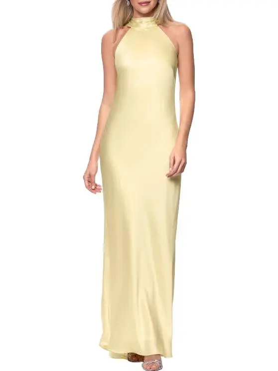 XSCAPE EVENINGS Halter Neck Satin Sheath Gown - Butter