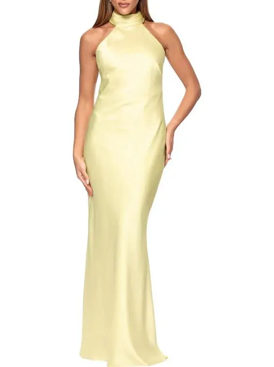 XSCAPE EVENINGS Halter Neck Satin Sheath Gown - Lemon