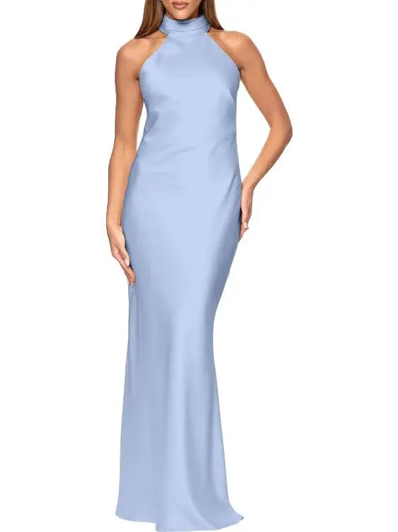 XSCAPE EVENINGS Halter Neck Satin Sheath Gown - Light Blue