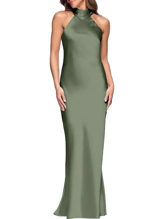 XSCAPE EVENINGS Halter Neck Satin Sheath Gown - Olive