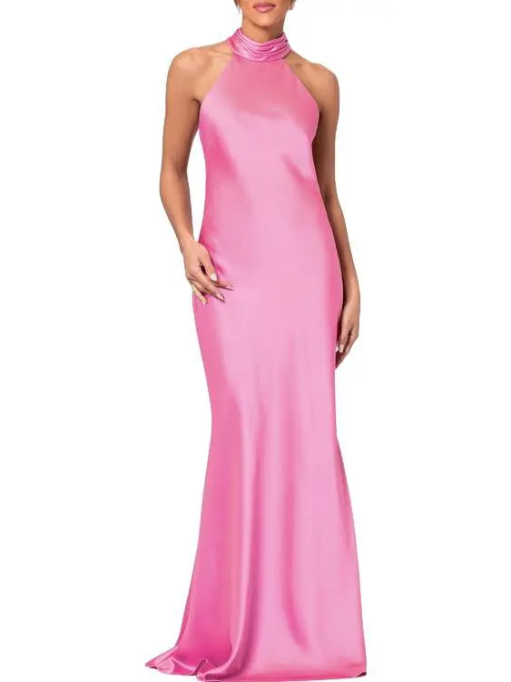 XSCAPE EVENINGS Halter Neck Satin Sheath Gown - Pink