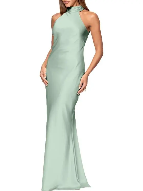 XSCAPE EVENINGS Halter Neck Satin Sheath Gown - Sage