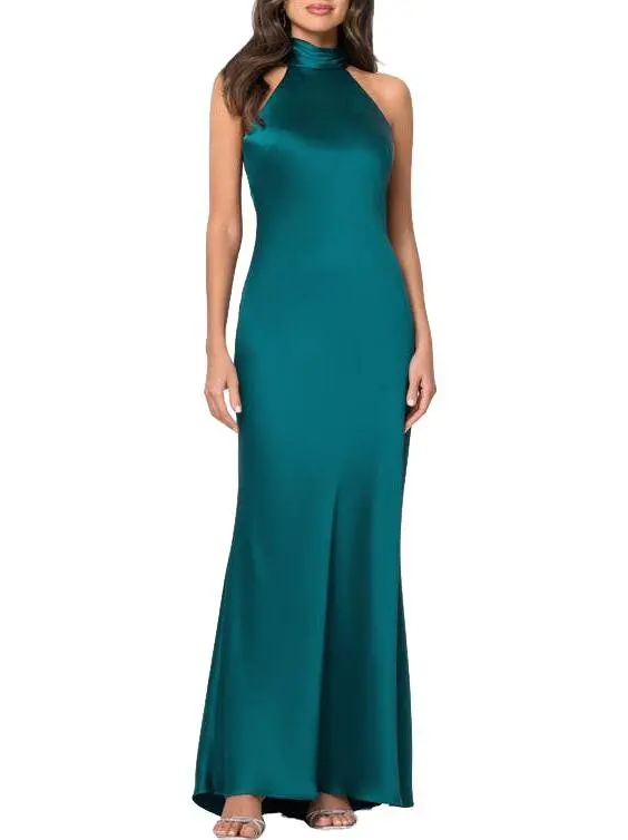 XSCAPE EVENINGS Halter Neck Satin Sheath Gown - Teal