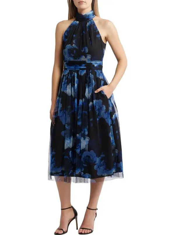 Eliza J Floral Illusion Lace Midi Dress - Navy