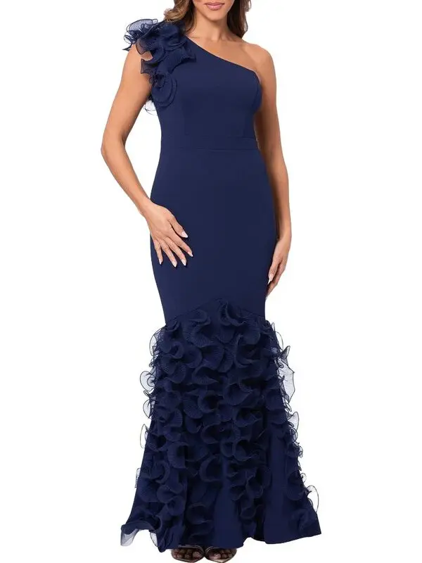XSCAPE EVENINGS Wire Ruffle Detail One-shoulder Gown - Navy
