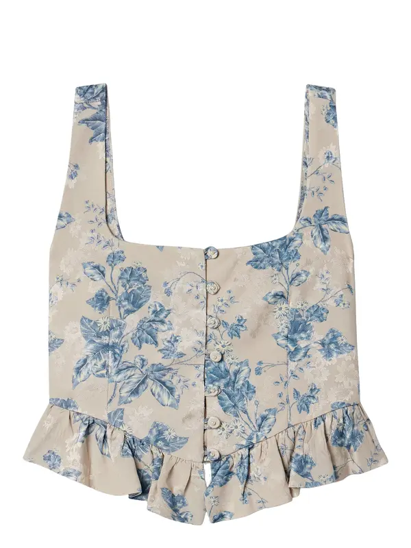 Agua Bendita Eslabon Bougainvillea Cropped Ruffled Floral-print Satin-jacquard Top - Blue