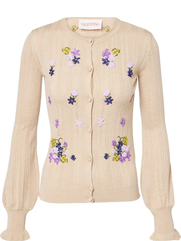 Valentino Garavani Embroidered Virgin Wool Cardigan - Beige