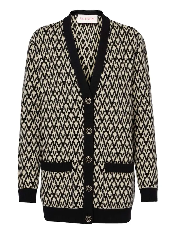 Valentino Garavani Toute La V Virgin Wool Jacquard Cardigan - Black