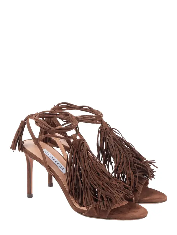AQUAZZURA 85 Fringed Suede Sandals - Brown