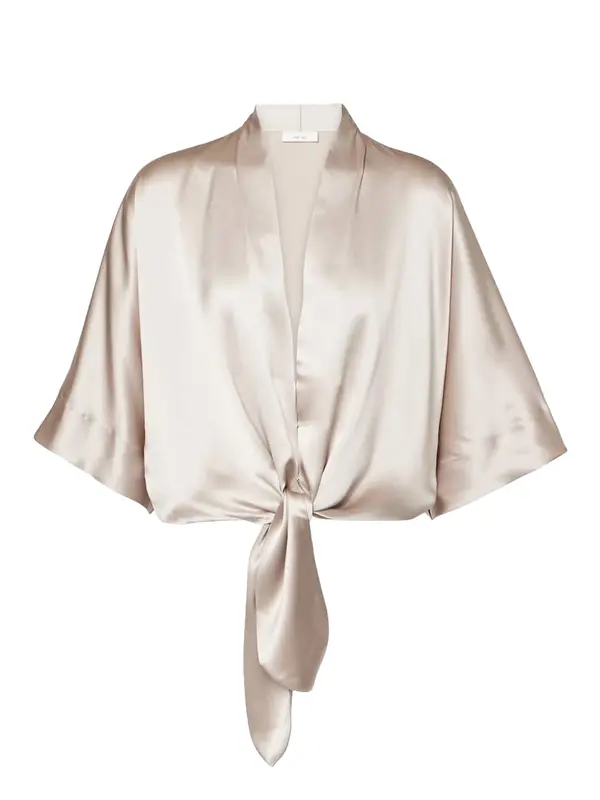 THE SEI Gathered Silk Satin Blouse - Beige