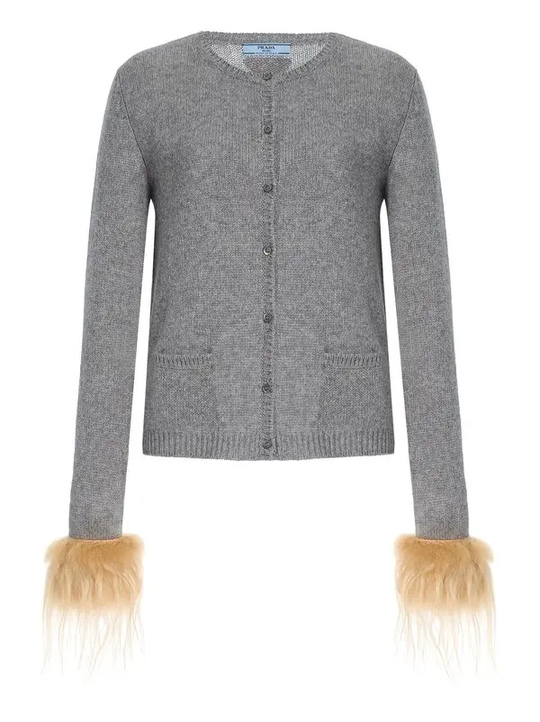 Prada Shearling-trimmed Wool Cardigan - Grey