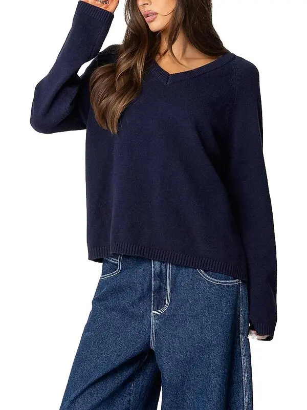 EDIKTED Martha Oversized V-neck Sweater - Navy