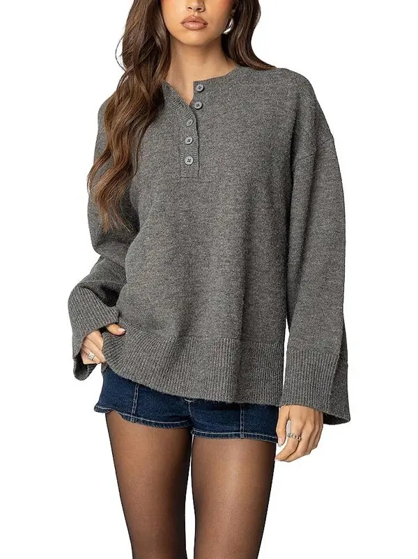 EDIKTED Montana Oversized Button Sweater - Gray Melange