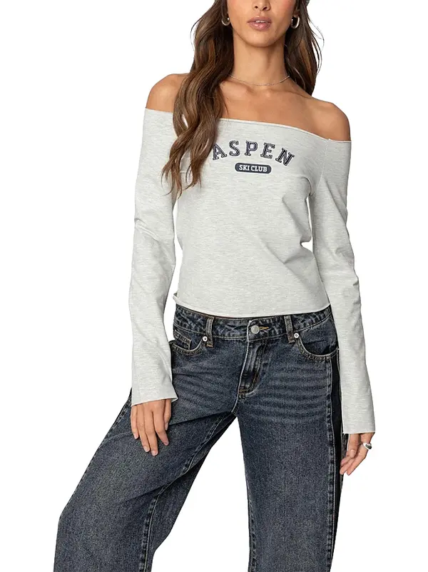 EDIKTED Aspen Ski Club Off-shoulder Top - Gray Melange