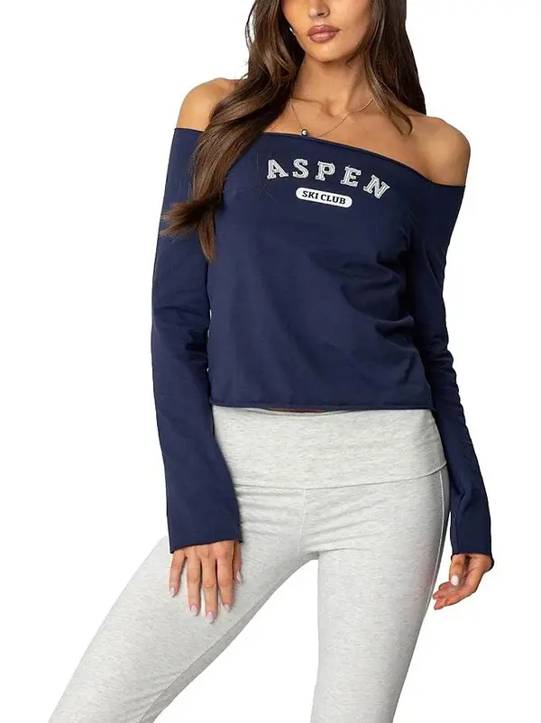 EDIKTED Aspen Ski Club Off-shoulder Top - Navy