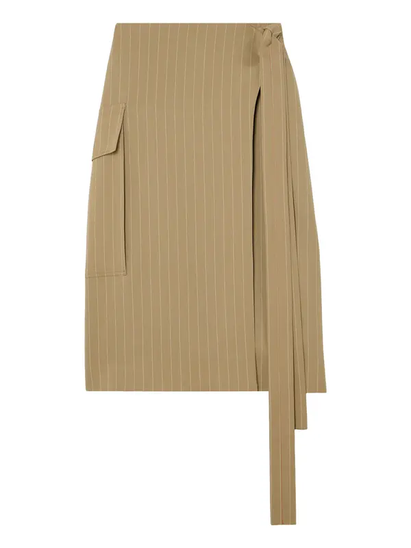 Victoria Beckham Tie-detailed Pinstriped Wool-twill Midi Wrap Skirt - Neutrals