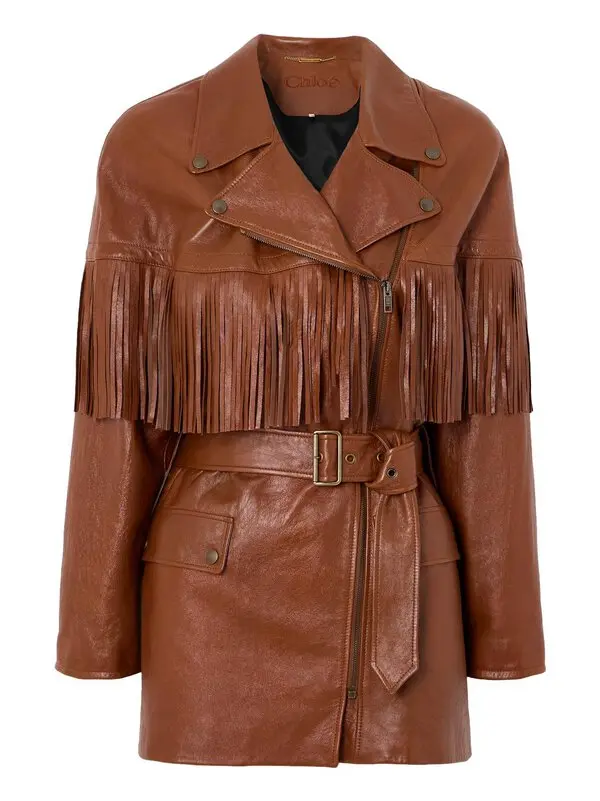Chloé Belted Fringed Leather Jacket - Brown