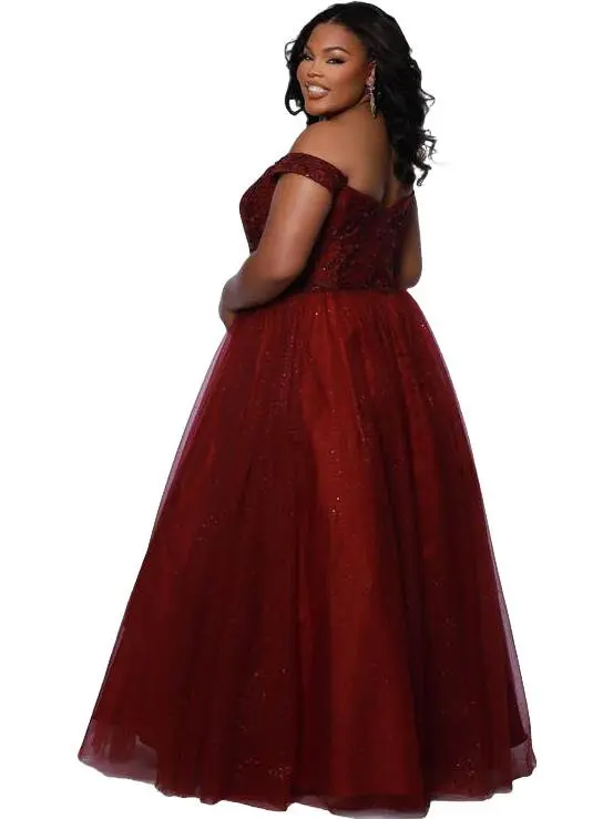 SYDNEY'S CLOSET Off-the-shoulder V-neckline Ballgown - Burgundy
