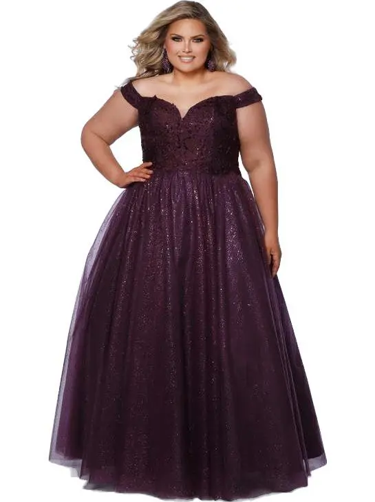 SYDNEY'S CLOSET Off-the-shoulder V-neckline Ballgown - Plum