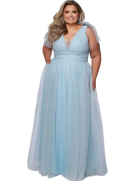SYDNEY'S CLOSET V-neckline A-line Gown With Bows - Ice Blue