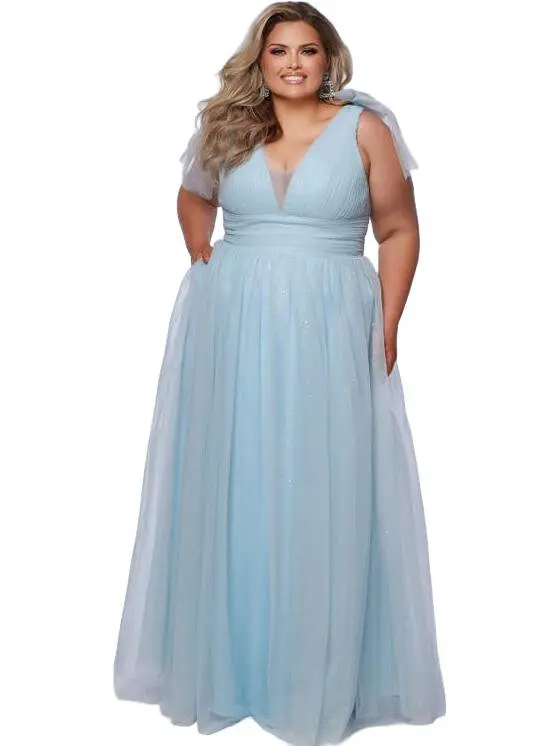 SYDNEY'S CLOSET V-neckline A-line Gown With Bows - Ice Blue