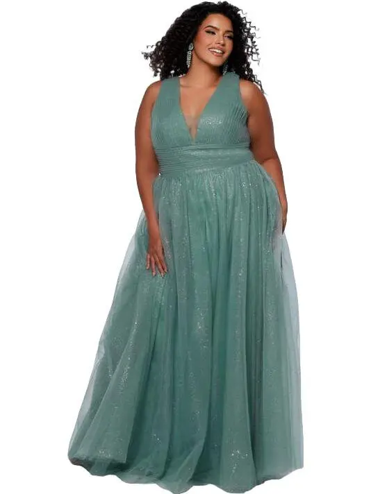 SYDNEY'S CLOSET V-neckline A-line Gown With Bows - Sage