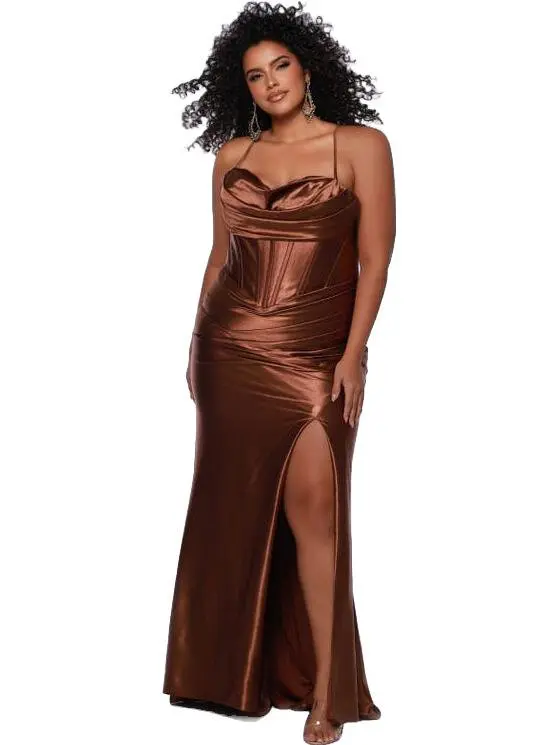SYDNEY'S CLOSET Pleated Draped Sweetheart Neckline Slim Fitted Gown - Chocolate