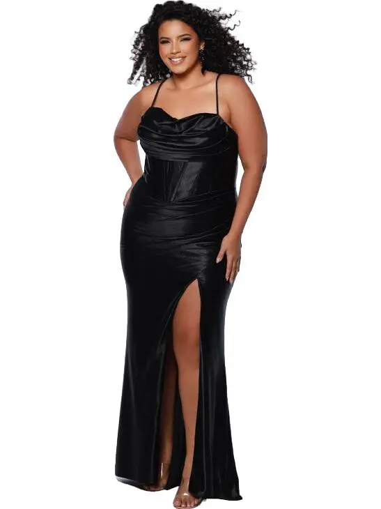 SYDNEY'S CLOSET Pleated Draped Sweetheart Neckline Slim Fitted Gown - Onyx