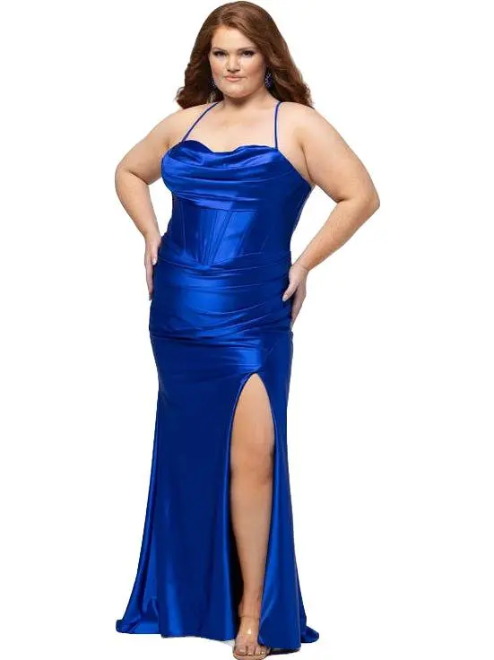 SYDNEY'S CLOSET Pleated Draped Sweetheart Neckline Slim Fitted Gown - Royal
