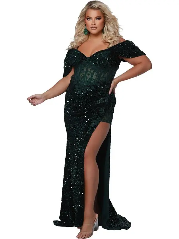 SYDNEY'S CLOSET Sequin Velvet Off The Shoulder Evening Gown - Forest