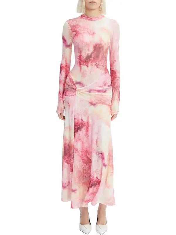 Bardot Lea Ruched Long Sleeve Mesh Maxi Dress - Pink Tie Dye