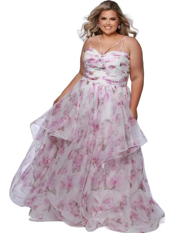 SYDNEY'S CLOSET Pleated Tiered Floral A-line Gown - Pink Floral
