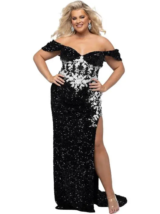 SYDNEY'S CLOSET Fitted Sequin And Lace Mermaid Evening Gown - White/black